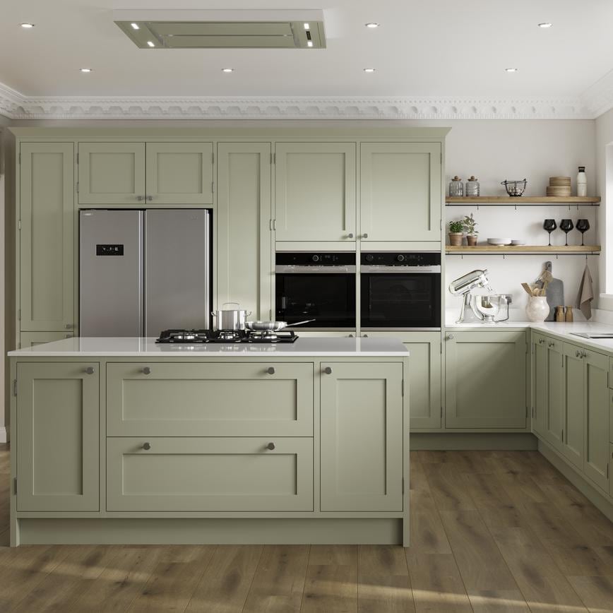 Chilcomb Sage Green In Frame | Fitted Kitchens | Howdens
