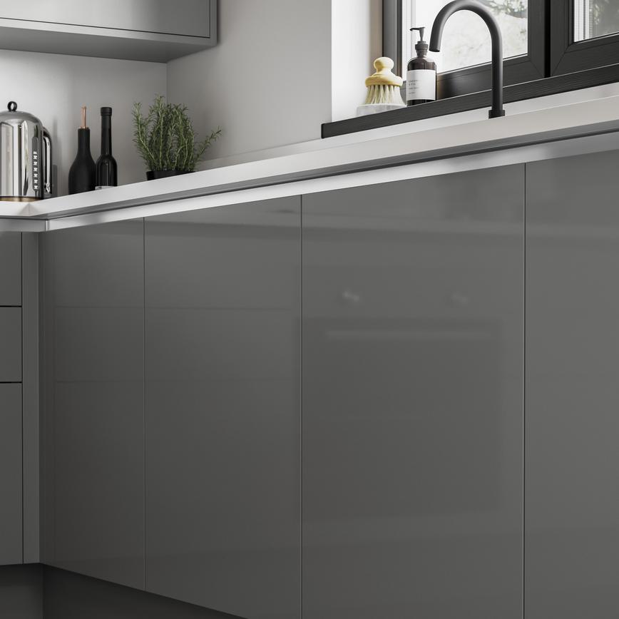 Greenwich Gloss Slate Grey Handleless Kitchen | Howdens