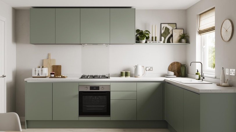 Greenwich Reed Green Handleless Kitchen | Kitchens | Howdens